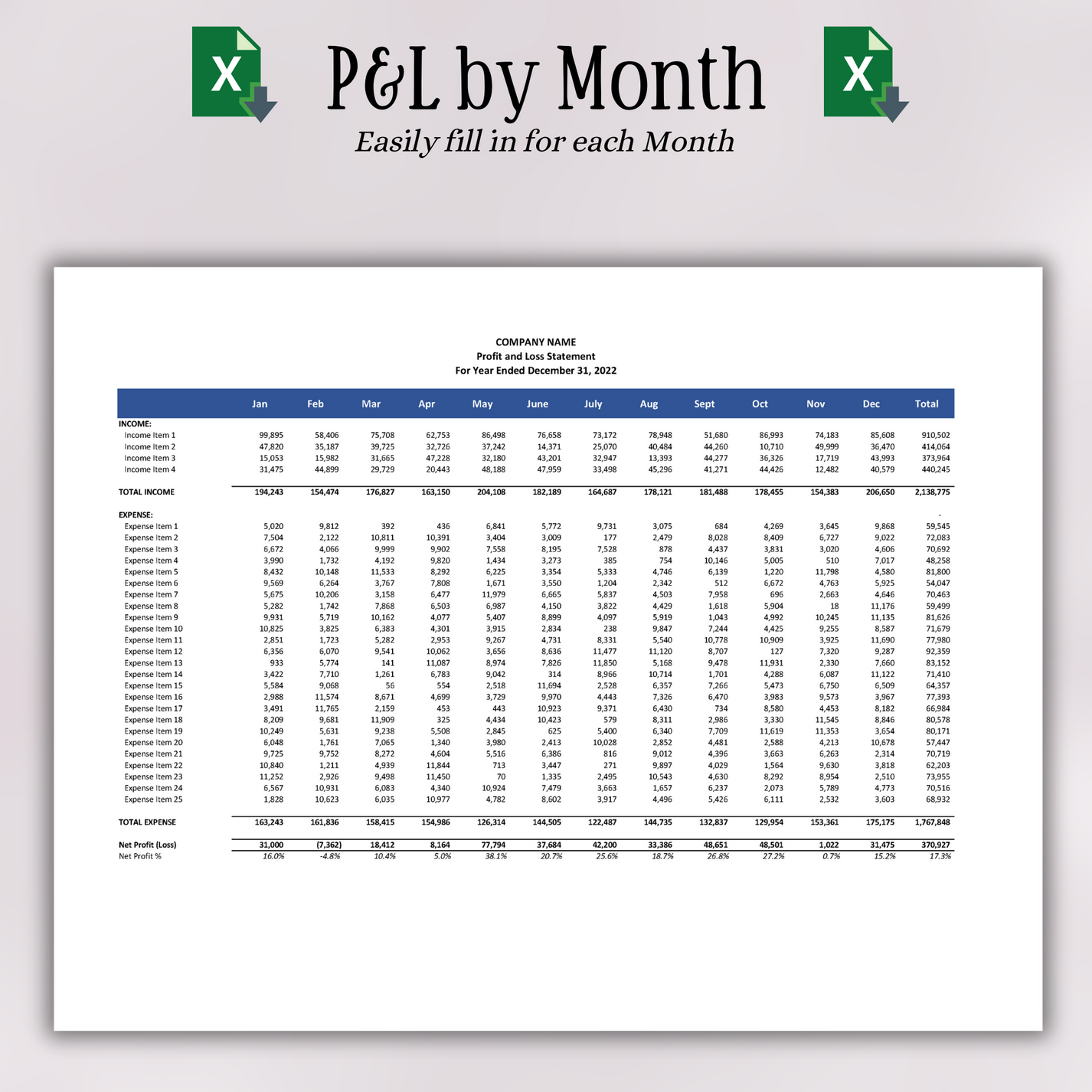 Monthly Profit & Loss (Excel) – Designs By Blue Star