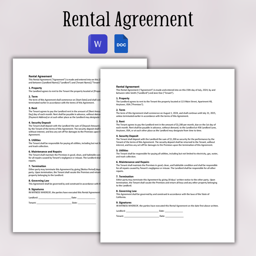Rental Agreement (Word and Google Docs) – Designs By Blue Star