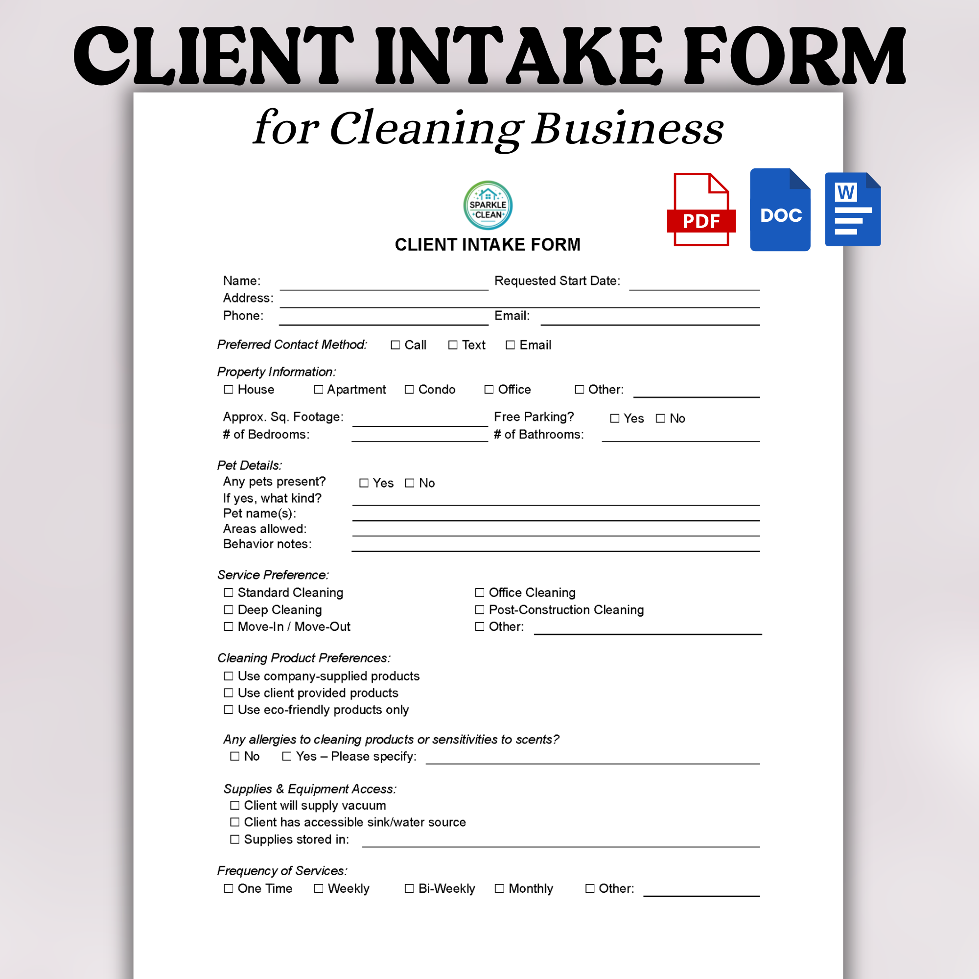 Cleaning Service Client Intake Form – Designs By Blue Star