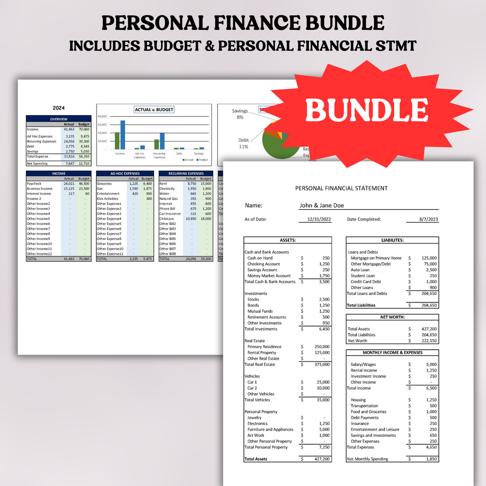 BUNDLE Personal Financial Statement with Budget Template (Excel ...
