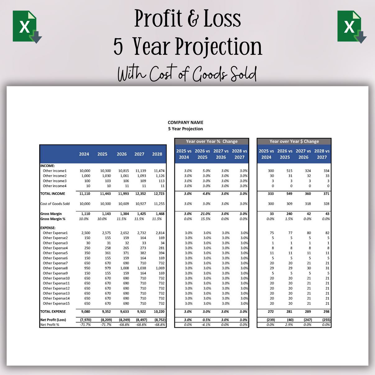 5 Year Projection P&L (Excel) – Designs By Blue Star