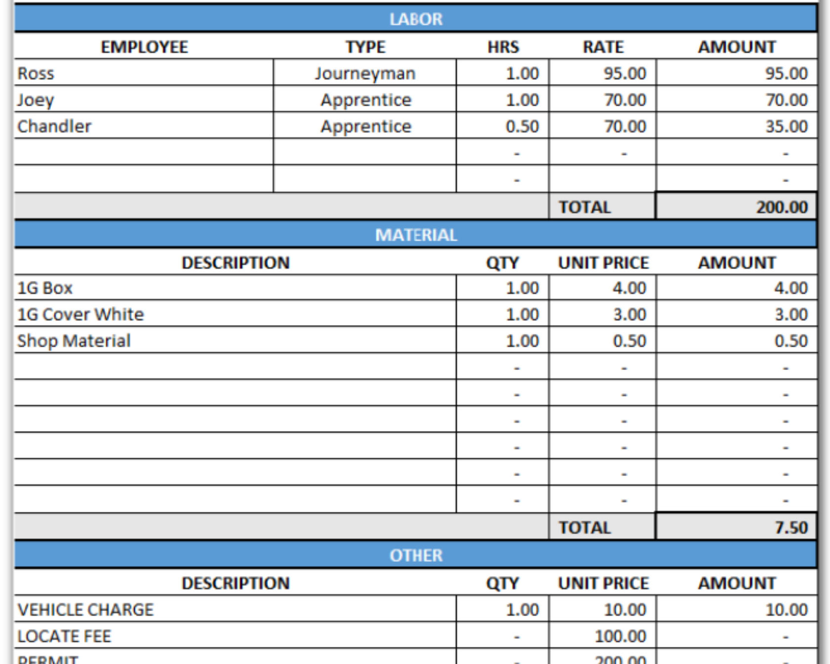 Invoice with Labor & Material Breakdown (Excel & PDF) – Designs By Blue ...