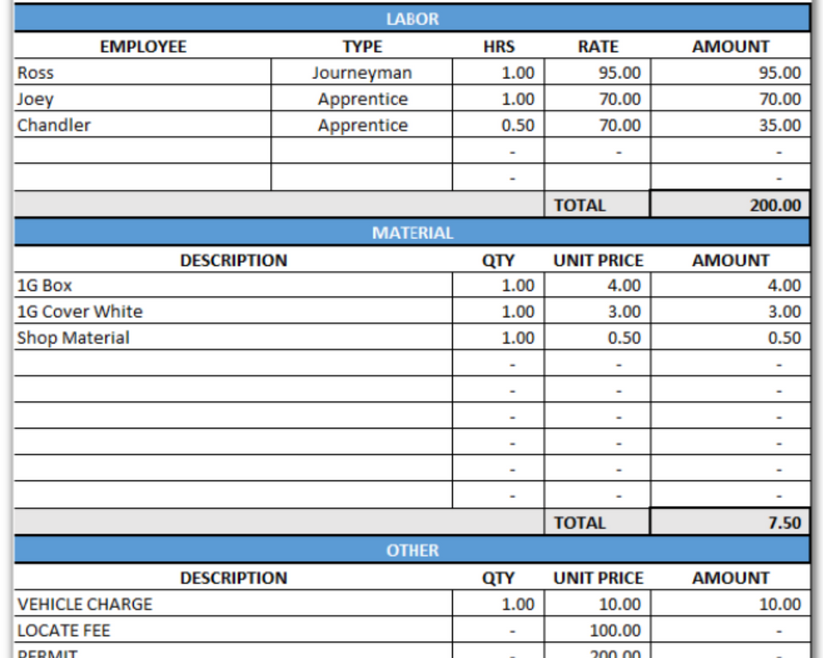 Invoice with Labor & Material Breakdown (Excel & PDF) – Designs By Blue ...
