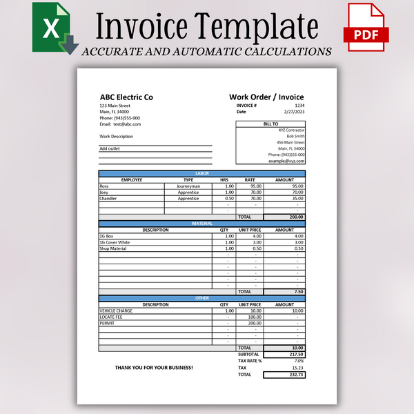 Invoice with Labor & Material Breakdown (Excel & PDF) – Designs By Blue ...