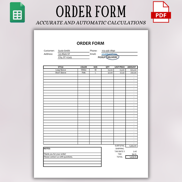 Order Form Template Version 1 (Google Sheets) – Designs By Blue Star