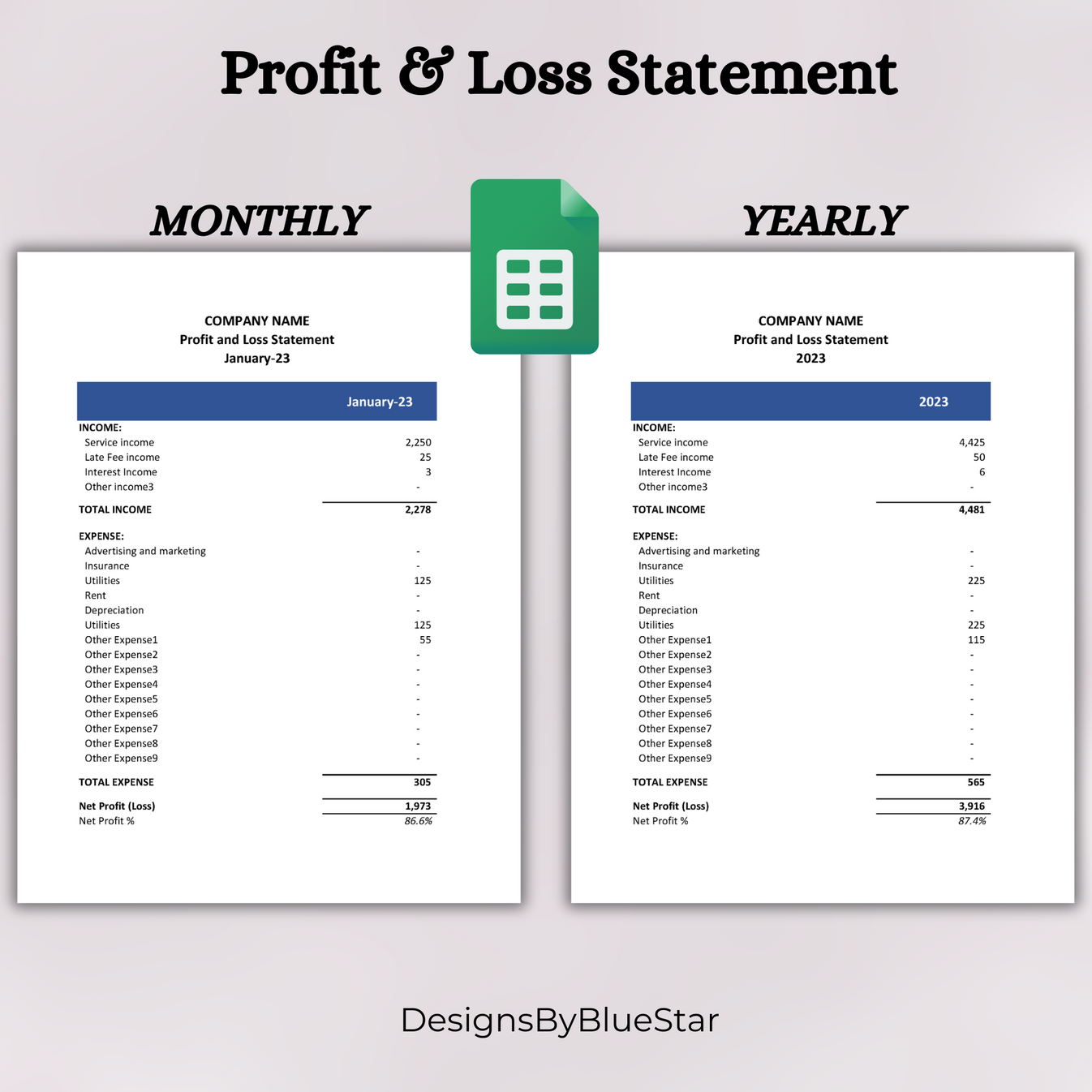Profit and Loss Statement Spreadsheet with Transactional Data (Google ...