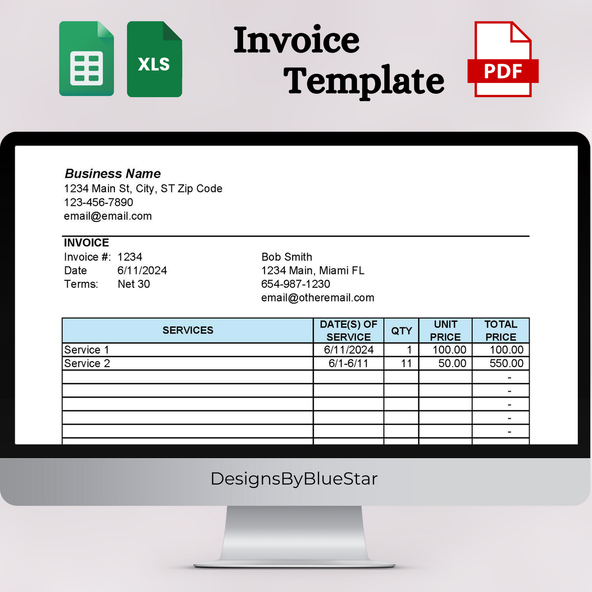 Editable Invoice Template (Excel, Google Sheets, PDF) – Designs By Blue ...