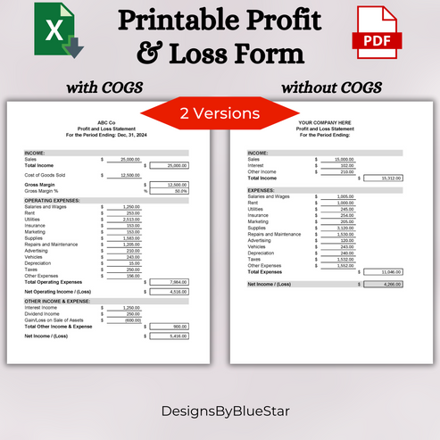 Printable Profit and Loss Form (Excel) – Designs By Blue Star
